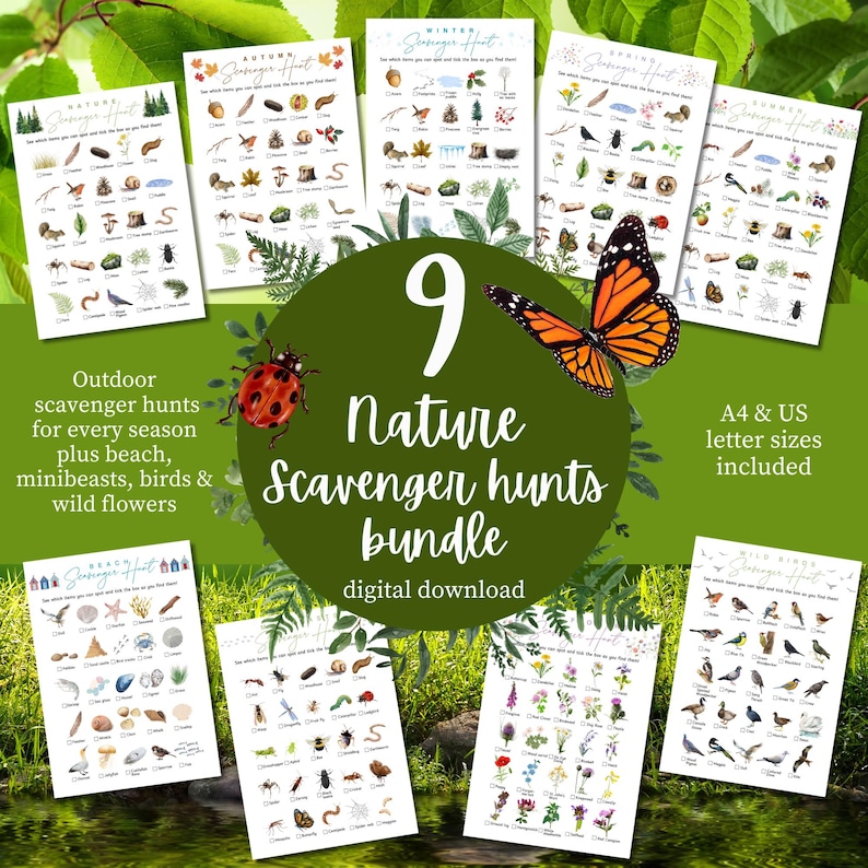 9 Nature Scavenger Hunts Bundle, Printable Outdoor Walk Activities for ...