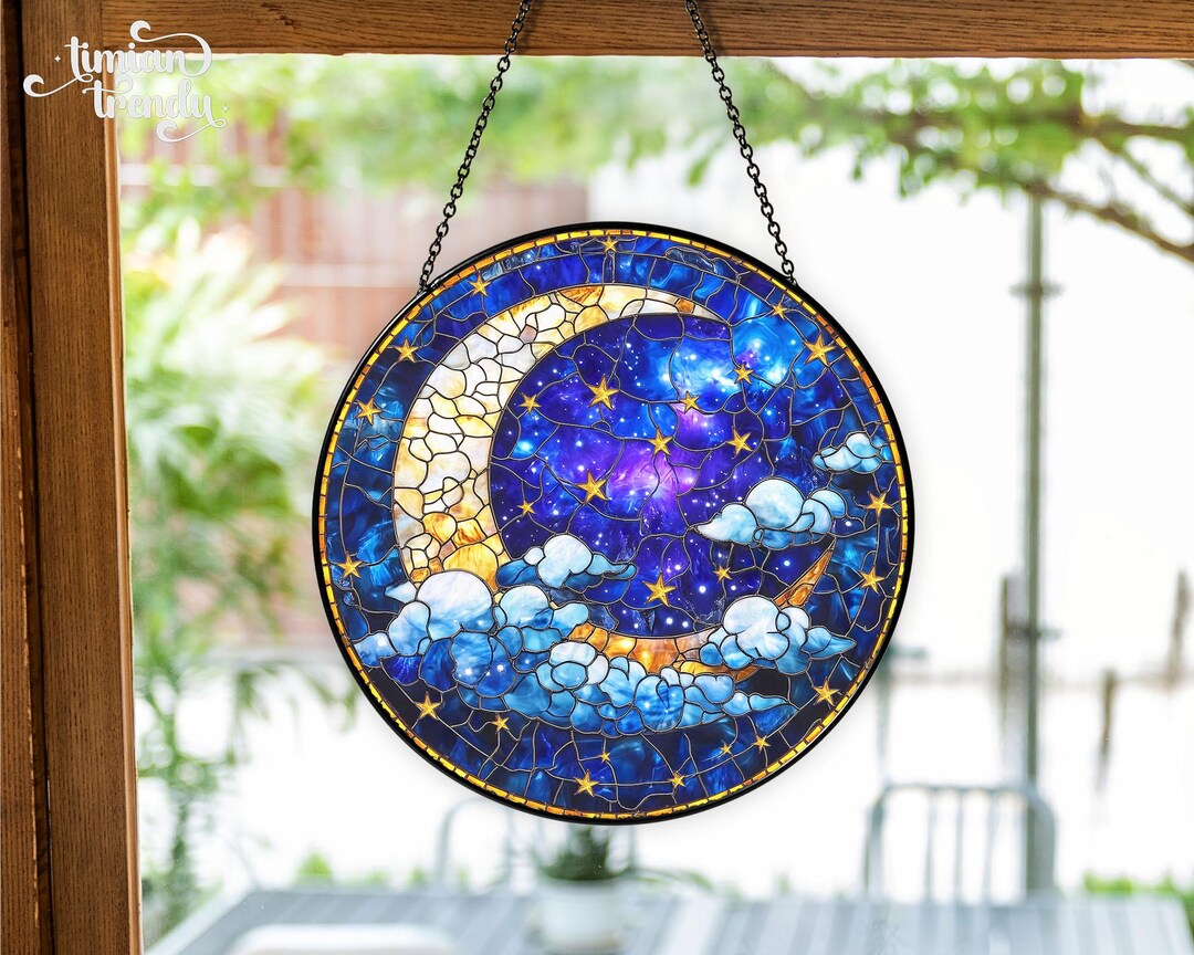 Moon and Star Stained Glass Suncatcher, Celestial Night Sky Home Decor ...