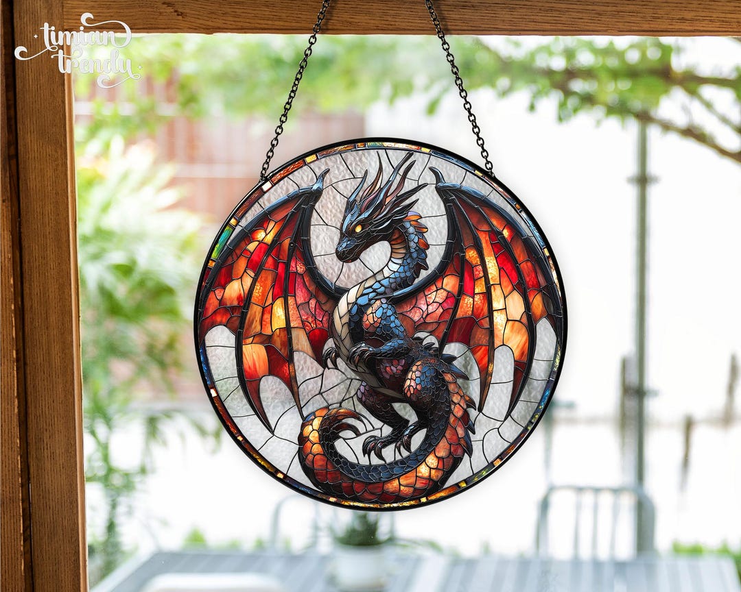 Dragons Stained Glass Suncatcher Ornament, Window Hanging Decor, Dragon ...