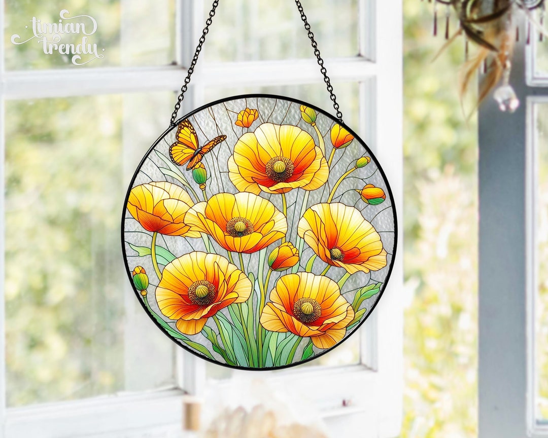 Poppy Flower Stained Glass Suncatcher, Poppy Flower Glass Art, Stain ...