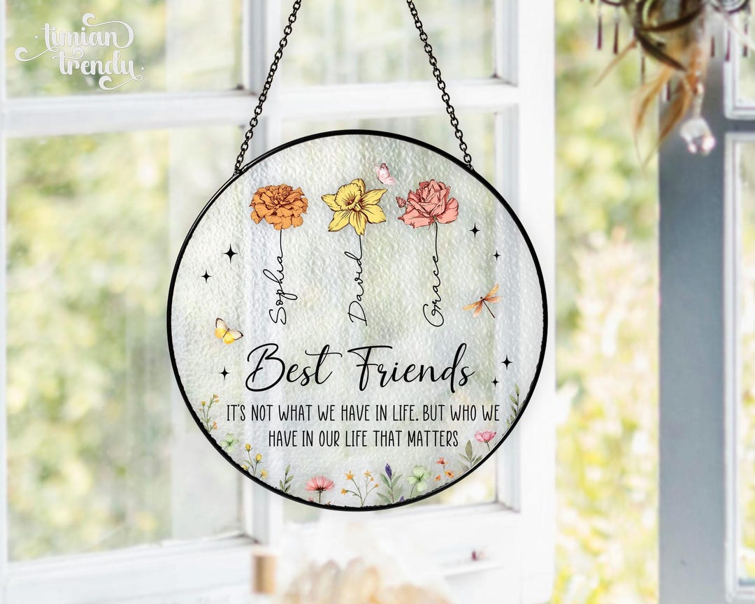Personalized Best Friends Stained Glass Suncatcher, Birth Month Flower ...