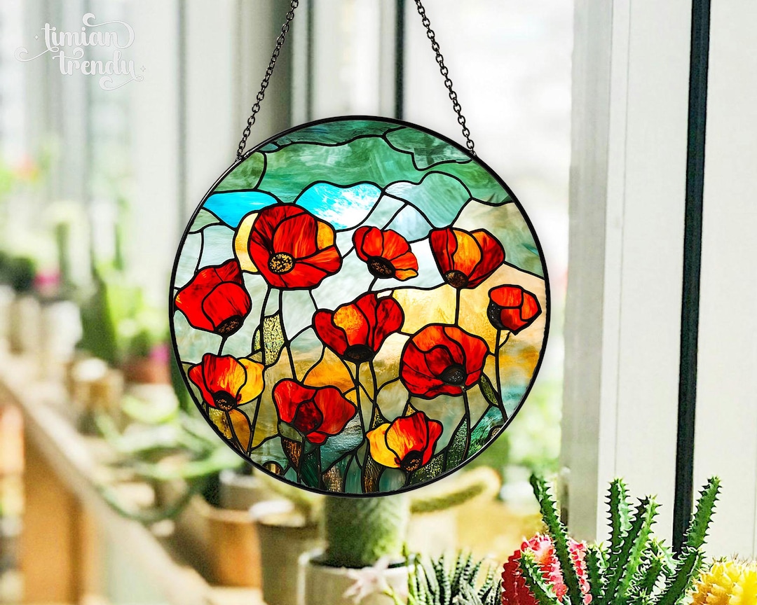 California Poppy Stained Glass Suncatcher, Poppy Flower Window Hanging ...