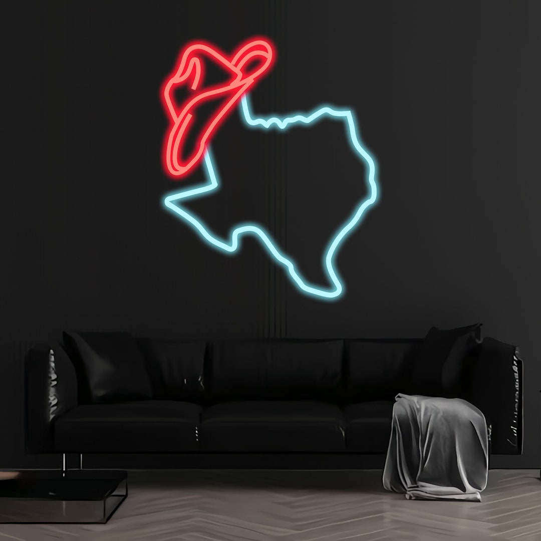 Cowboy Hat Texas Map Neon, Texas Map Sign, Lone Star State Sign, Cowboy ...