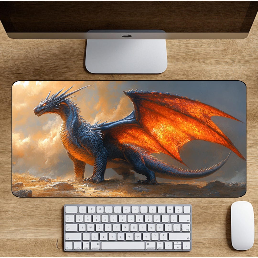 Dragon Desk Mat, Blue Gray Dragon With Glowing Wings, Fantasy Dragon ...