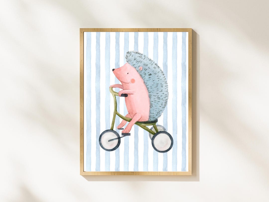 Hedgehog Riding a Bike Print, Watercolor Artwork, Blue Stripe ...