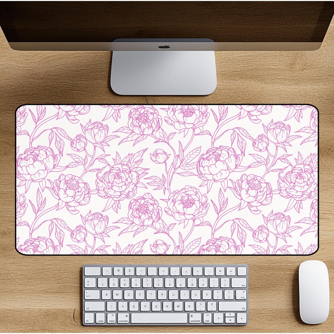 Pink Floral Desk Mat, Cute Desk Organizer, Rose Desk Mat, Pink & White ...