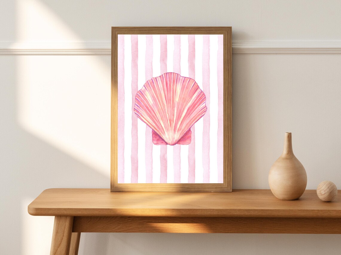 Seashell Artwork, Pink Shell on Pink Striped Background, Watercolor ...