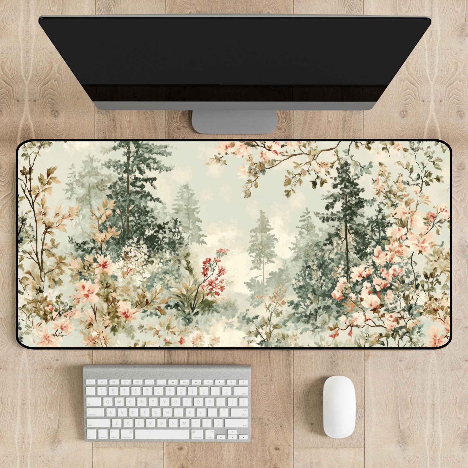 Vintage Forest Desk Mat, Botanical Trees and Flowers Desk Organizer ...