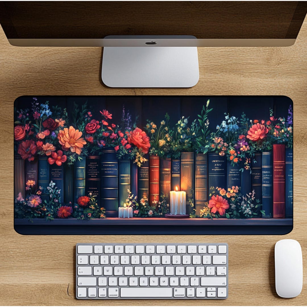 Floral Bookshelf Desk Mat, Books, Flowers & Candles, Cottagecore Office ...