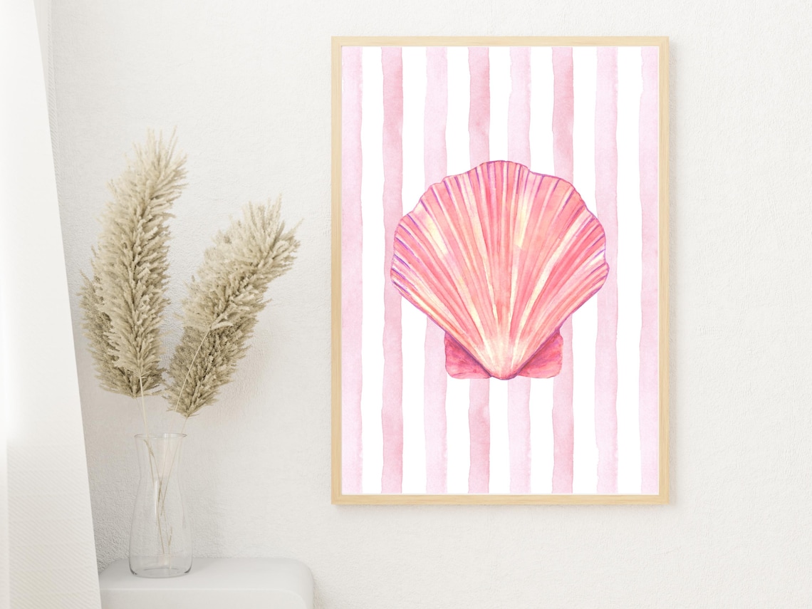 Seashell Artwork, Pink Shell on Pink Striped Background, Watercolor ...