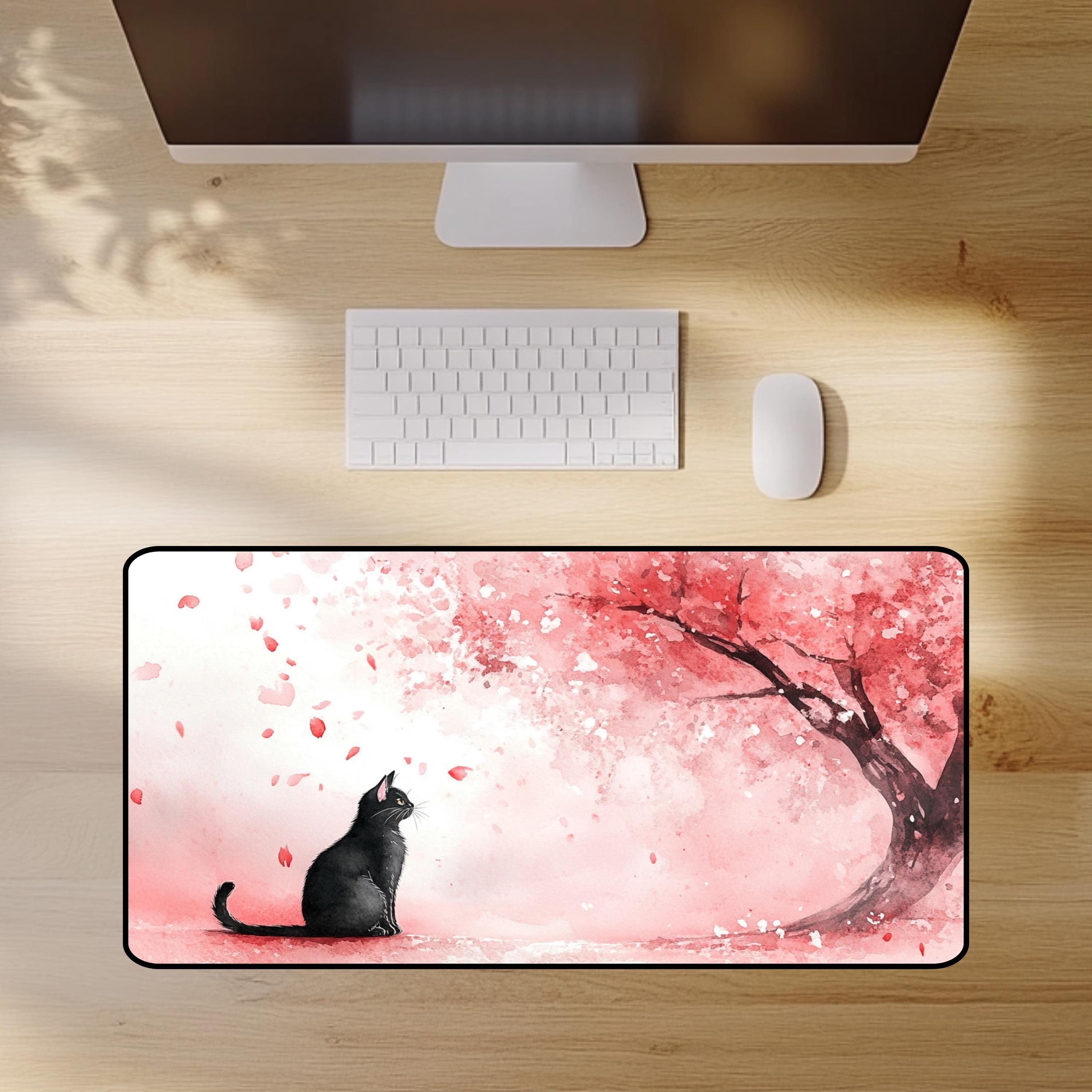 Cherry Blossom Black Cat Desk Mat, Japanese Sakura Desk Pad - Etsy