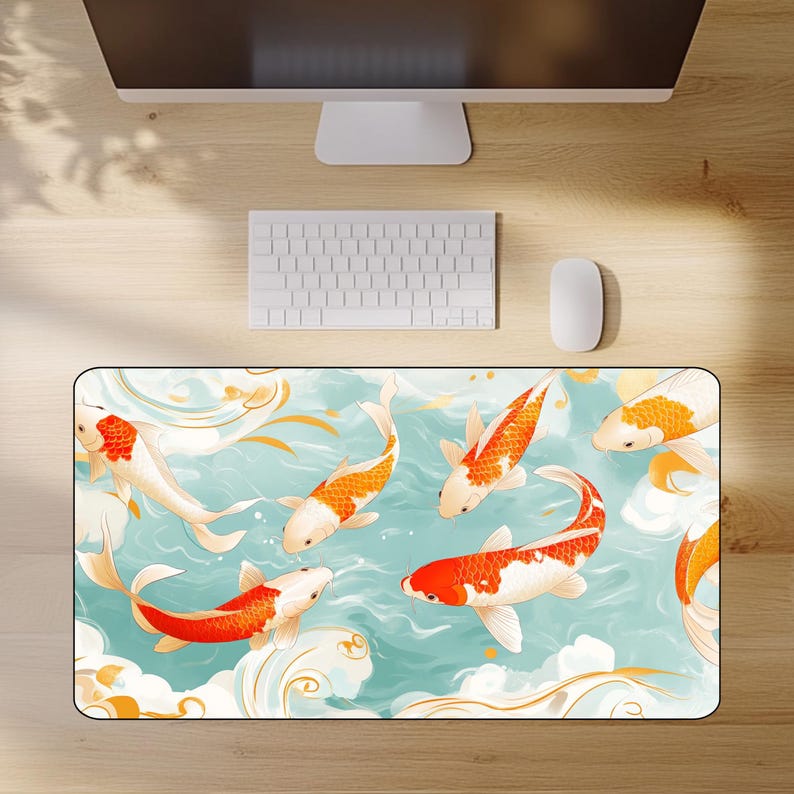 Koi Fish Desk Mat, Kawaii Desk Organizer, Japanese Office Decor, Anime ...
