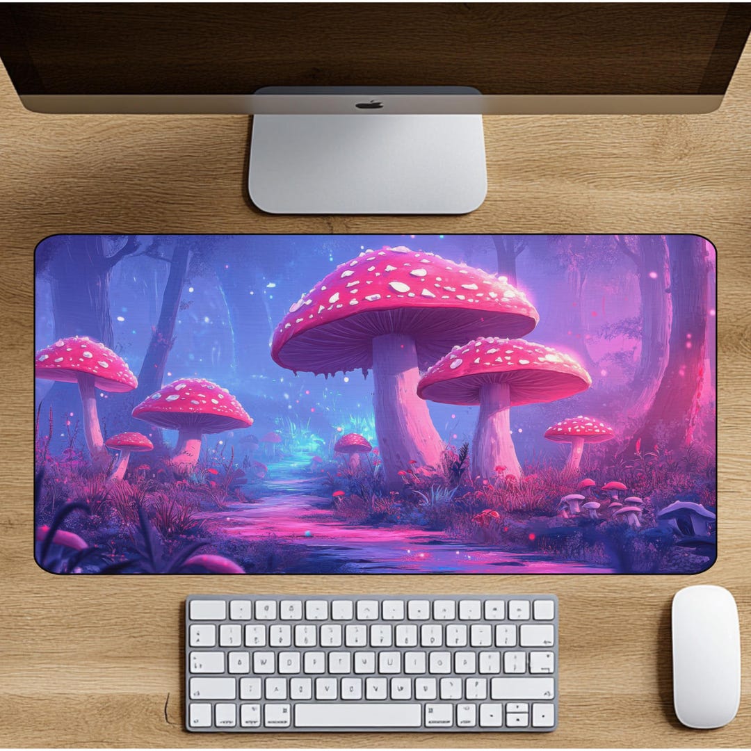 Mushroom Forest Desk Mat, Magical Cute Fantasy Desk Pad, Giant Neon ...