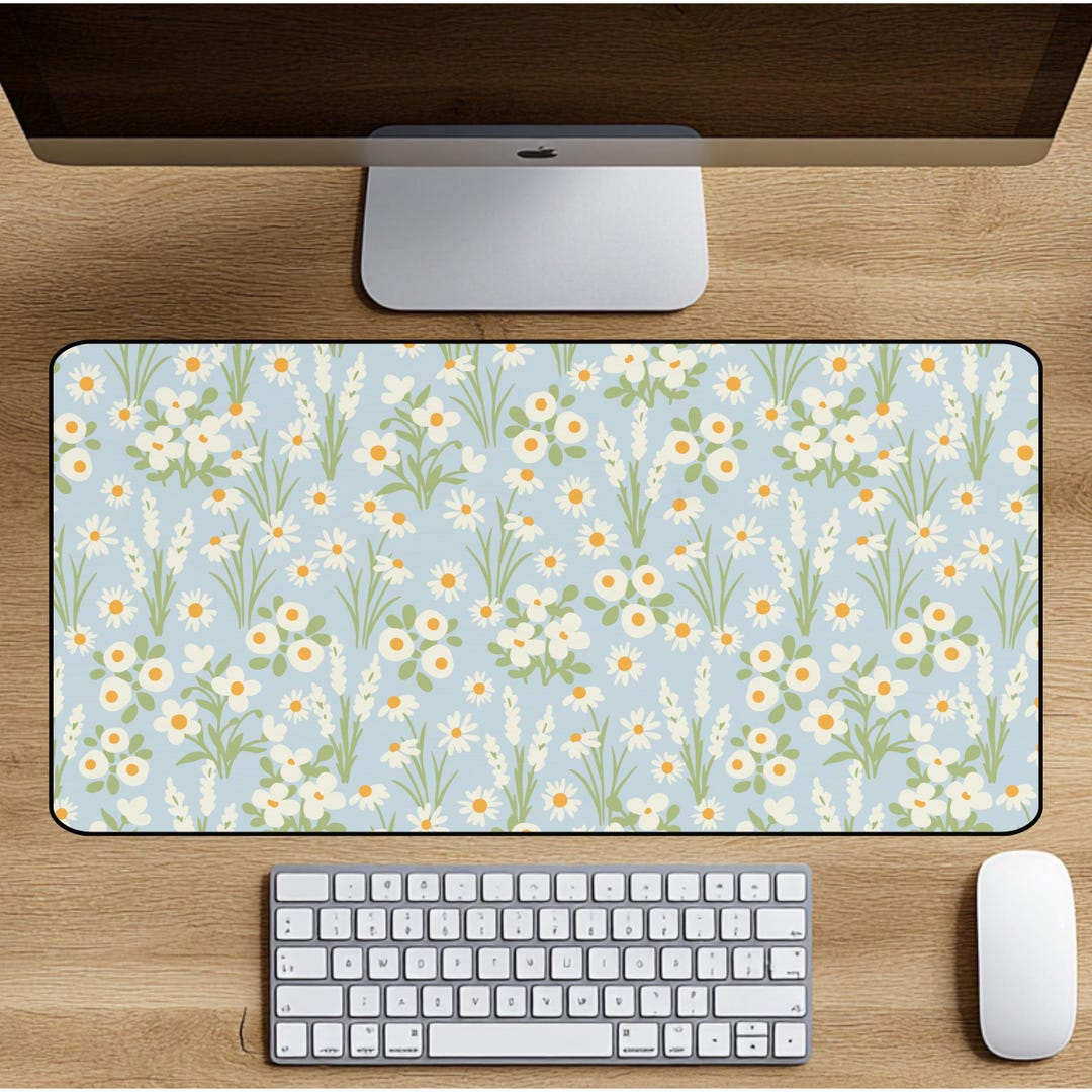 Floral Desk Mat, White Flowers on Light Blue Background Desk Organizer ...