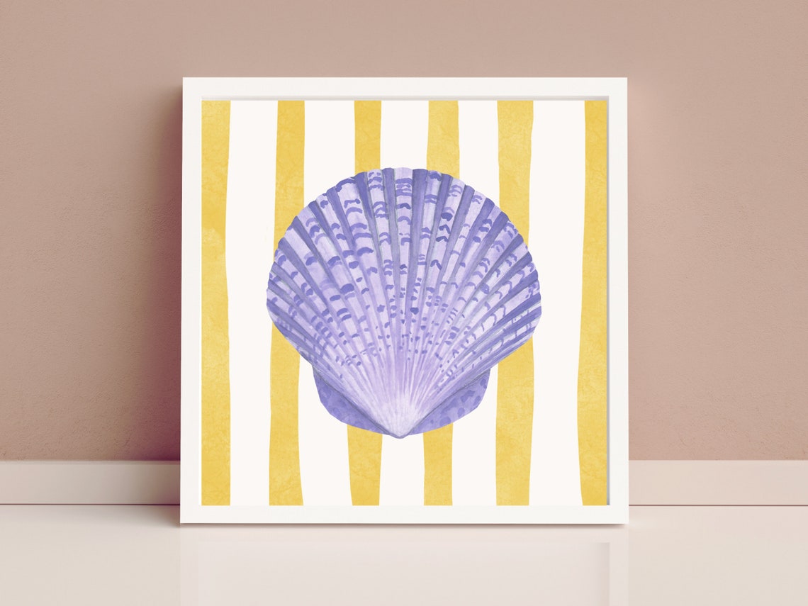Purple Seashell Print With Yellow Stripe Background, Coastal Art, Beach ...