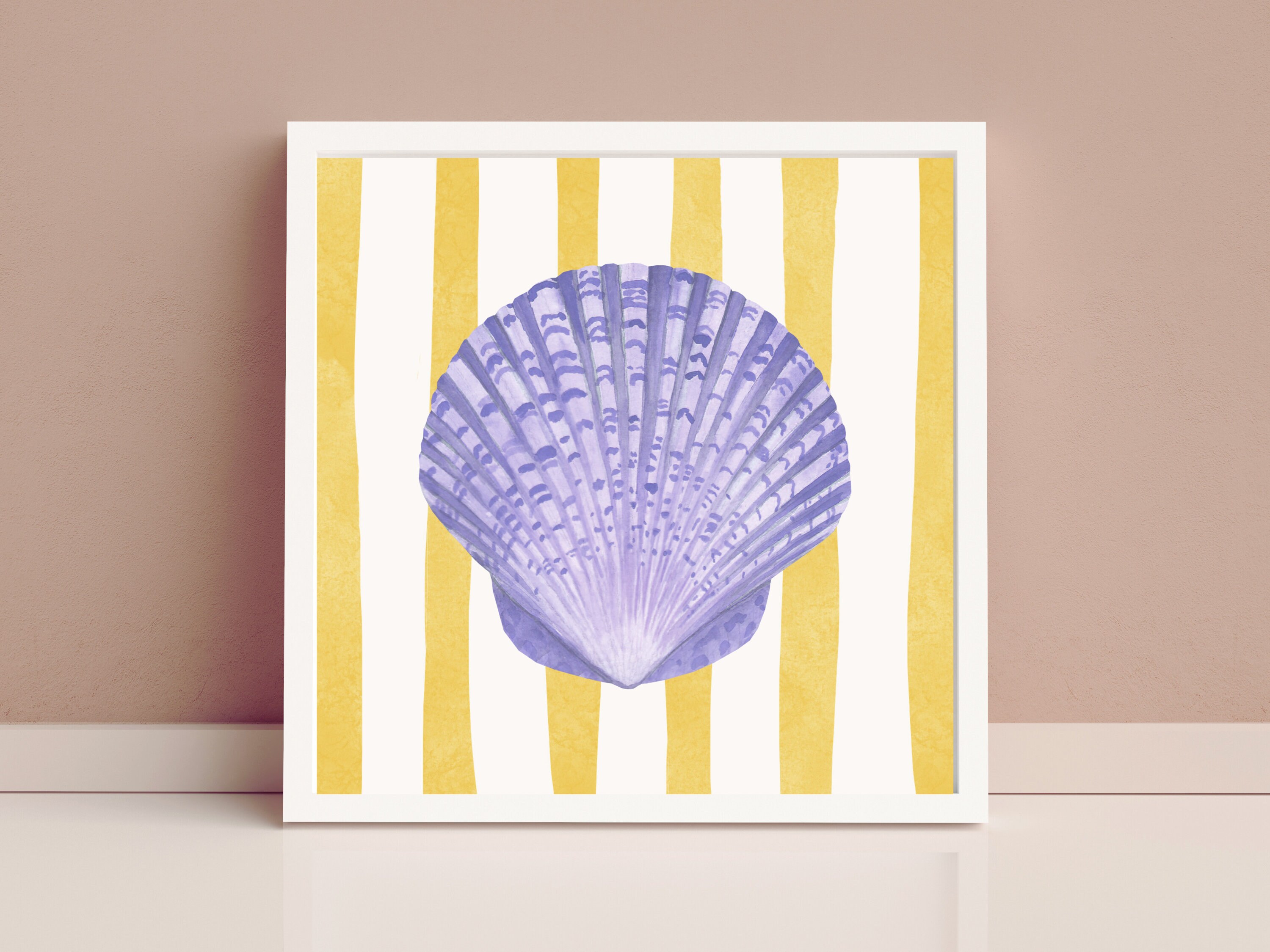Purple Seashell Print With Yellow Stripe Background, Coastal Art, Beach ...