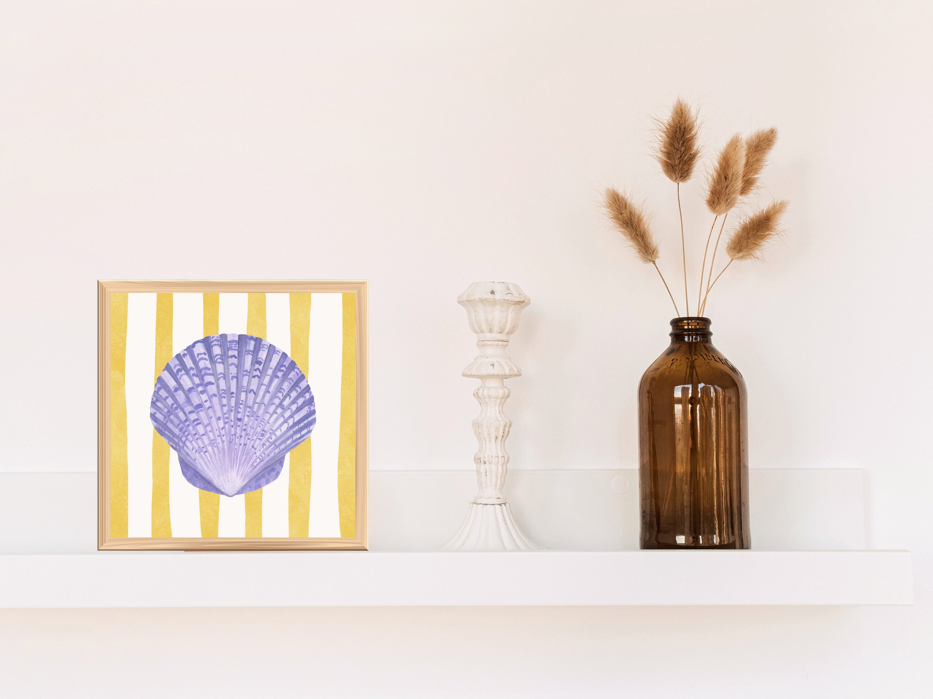 Purple Seashell Print With Yellow Stripe Background, Coastal Art, Beach ...