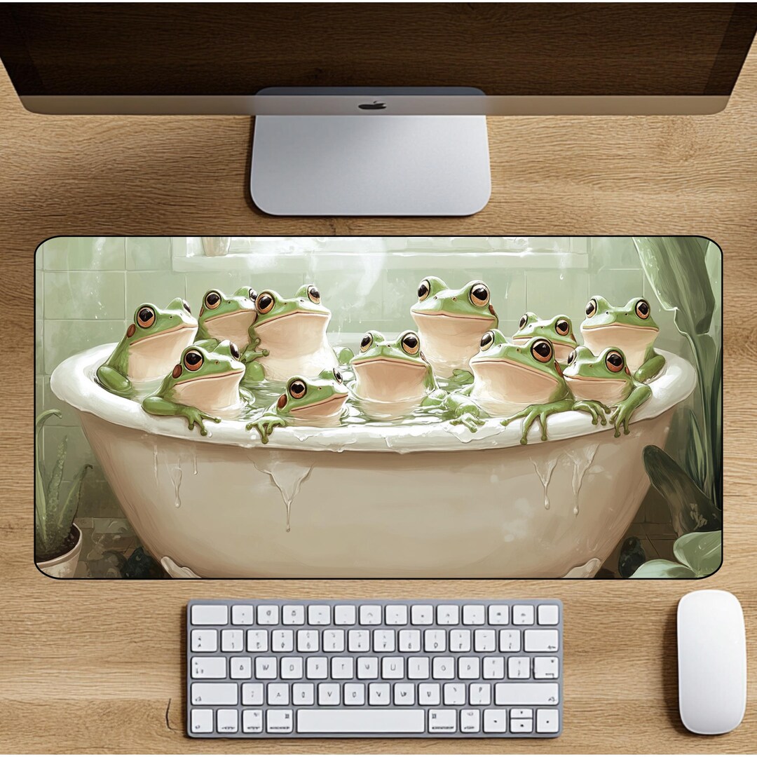 Frog Desk Mat, Cute Green Frogs Having a Bath Desk Pad, Nature Desk Mat ...