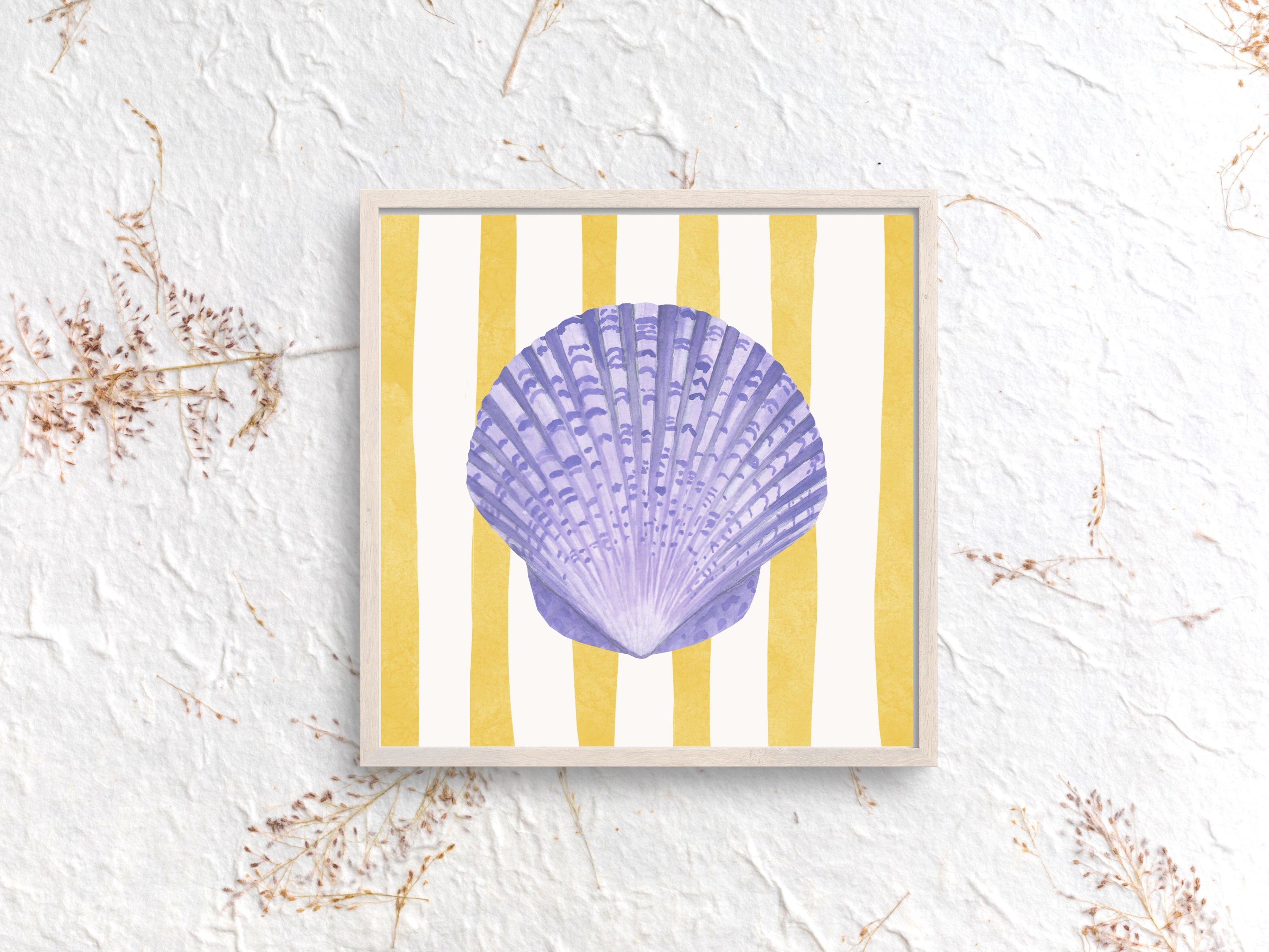 Purple Seashell Print With Yellow Stripe Background, Coastal Art, Beach ...