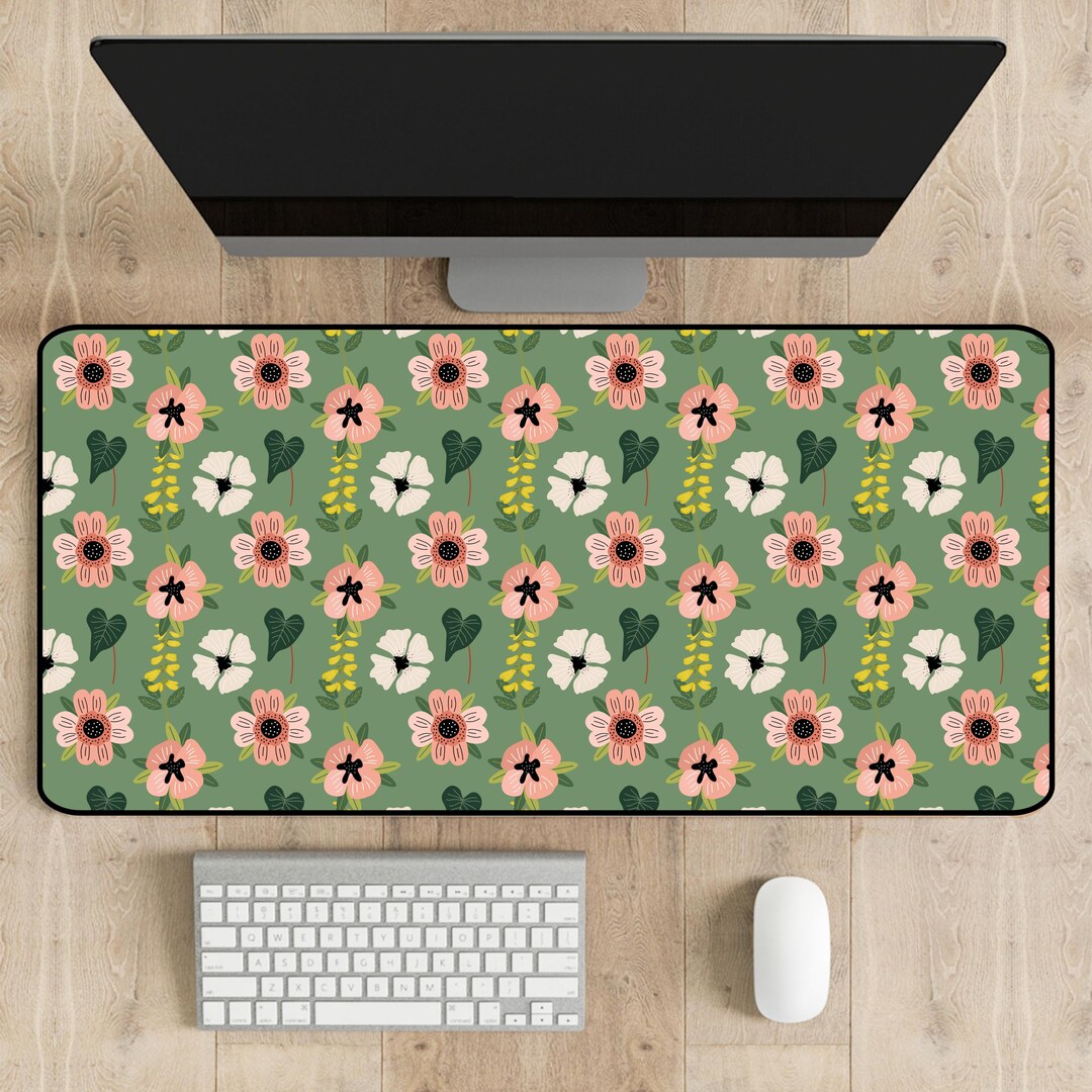 Green Floral Desk Mat, Large Green Desk Pad With Flowers, Cute ...