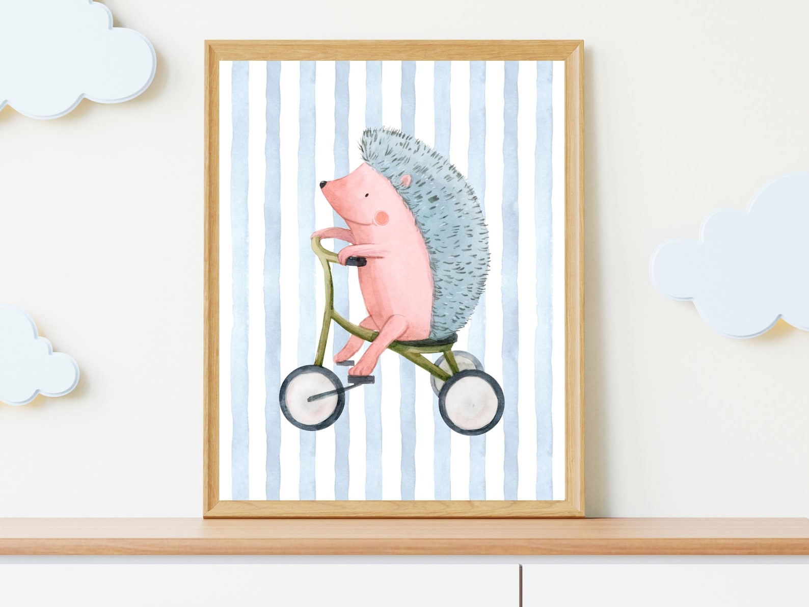 Hedgehog Riding a Bike Print, Watercolor Artwork, Blue Stripe ...