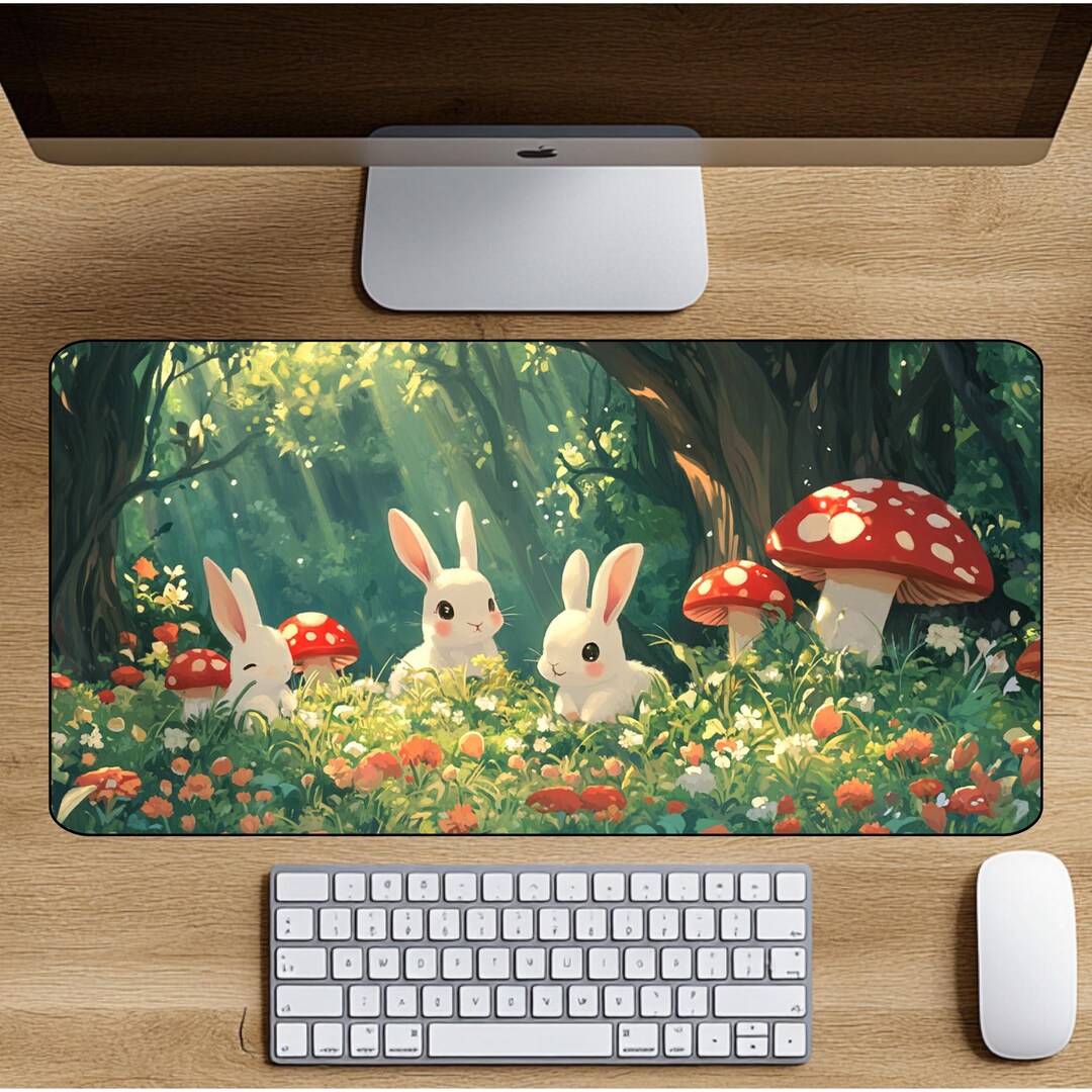 Bunny & Mushroom Desk Mat, Cute Kawaii Desk Organizer, Bunnies in a ...