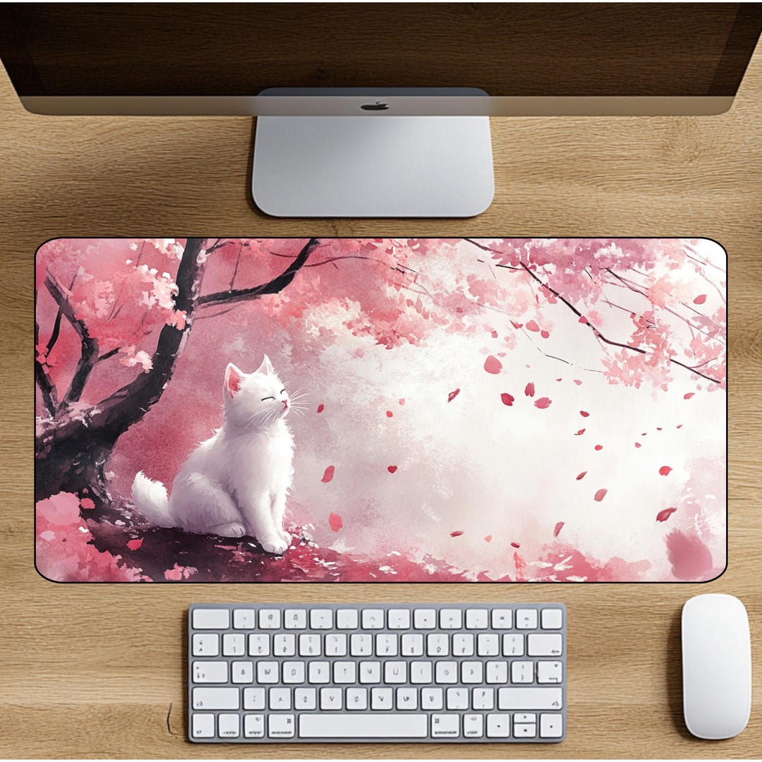 Cat & Cherry Blossom Desk Mat, Cute White Kitten Under Sakura, Japanese ...