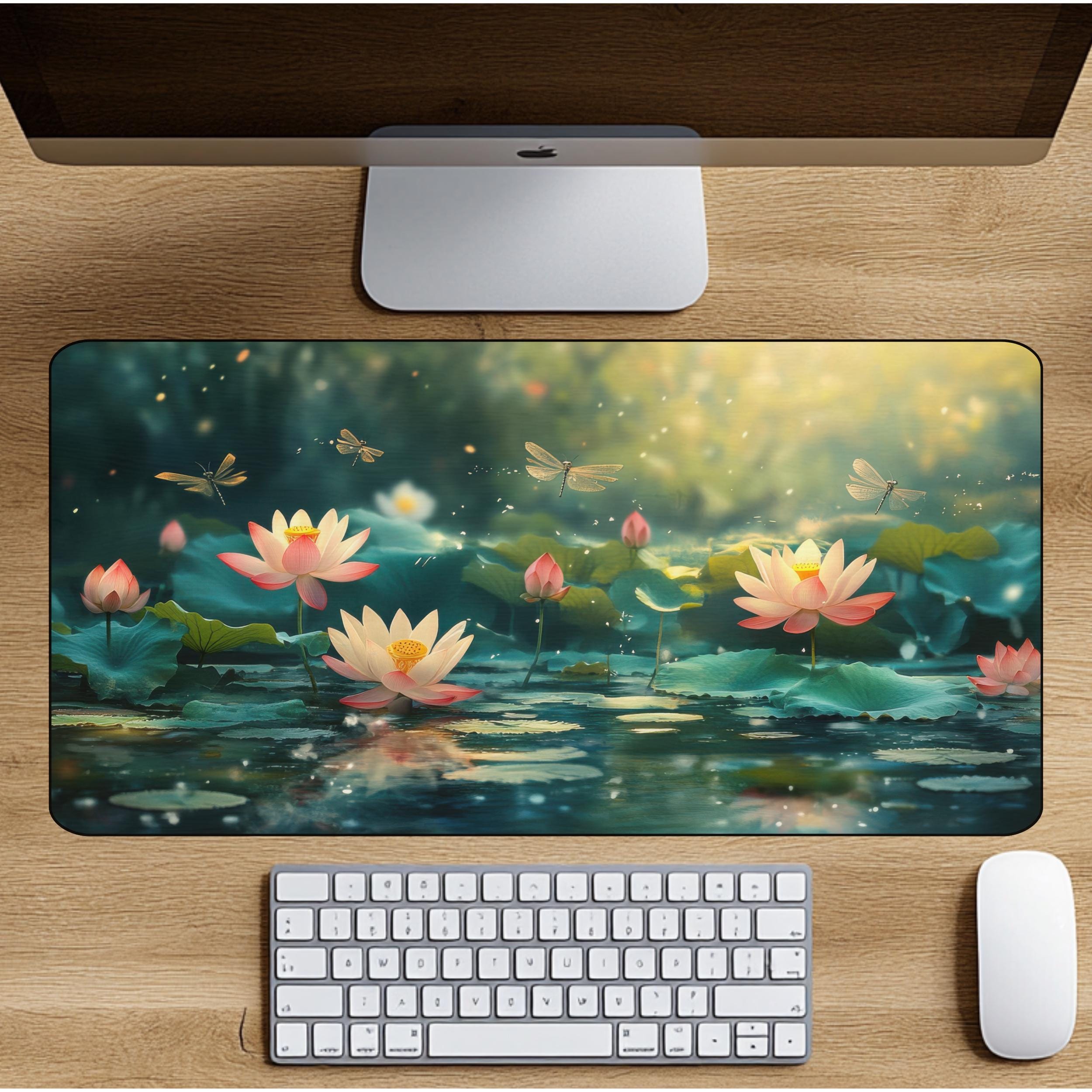 Dragonflies and Lotus Flower Pond Desk Mat, Cute Desk Mat Aesthetic ...