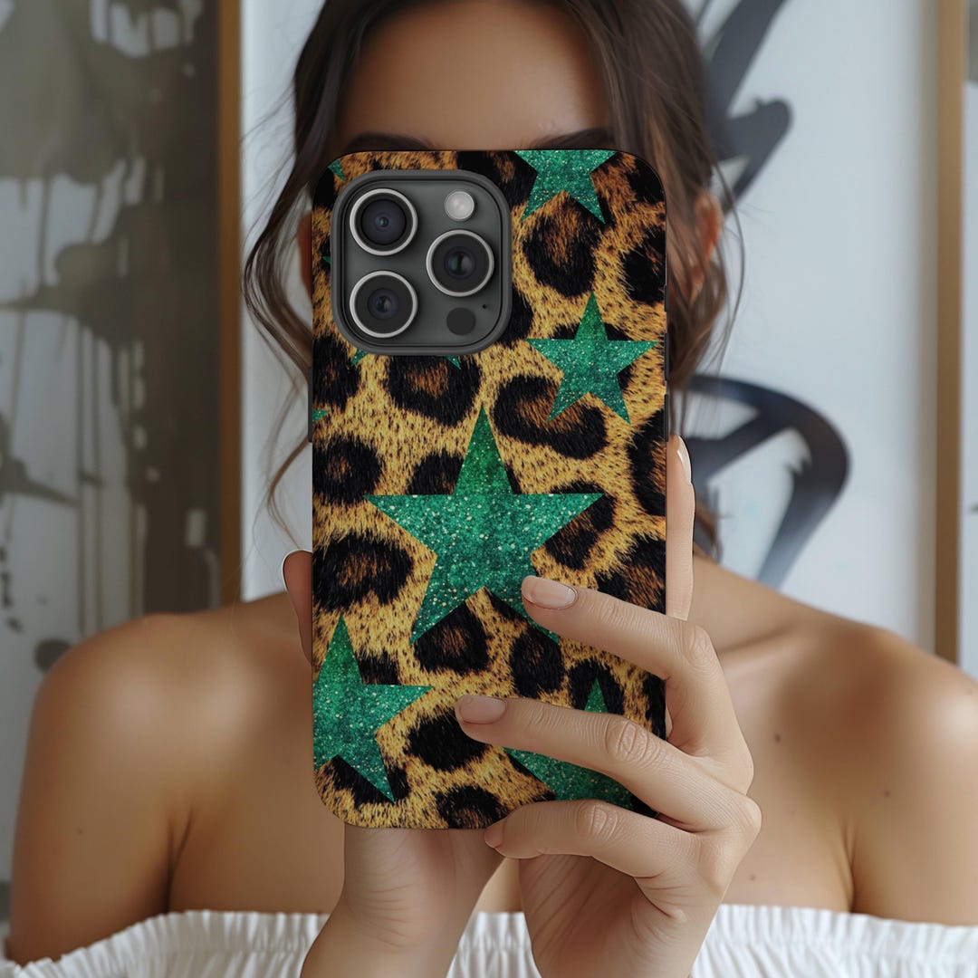 Leopard Print Green Stars Phone Case, Animal Print Case, iPhone 8 11 12 ...