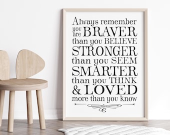 Always Remember You Are Braver Print | Inspirational Quote | Children ...