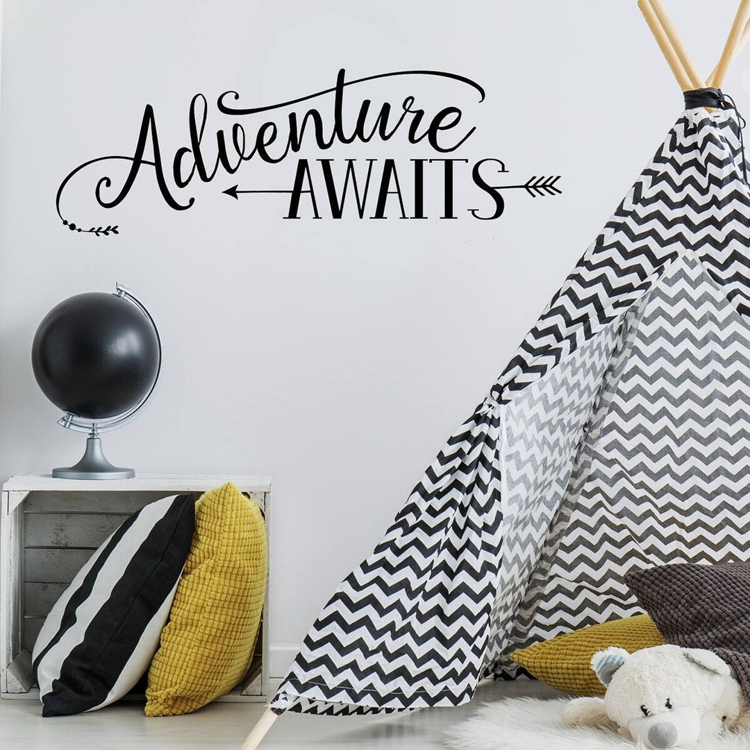 Adventure Awaits Wall Decal Vinyl Quote Adventure Themed Room Decor Kid ...