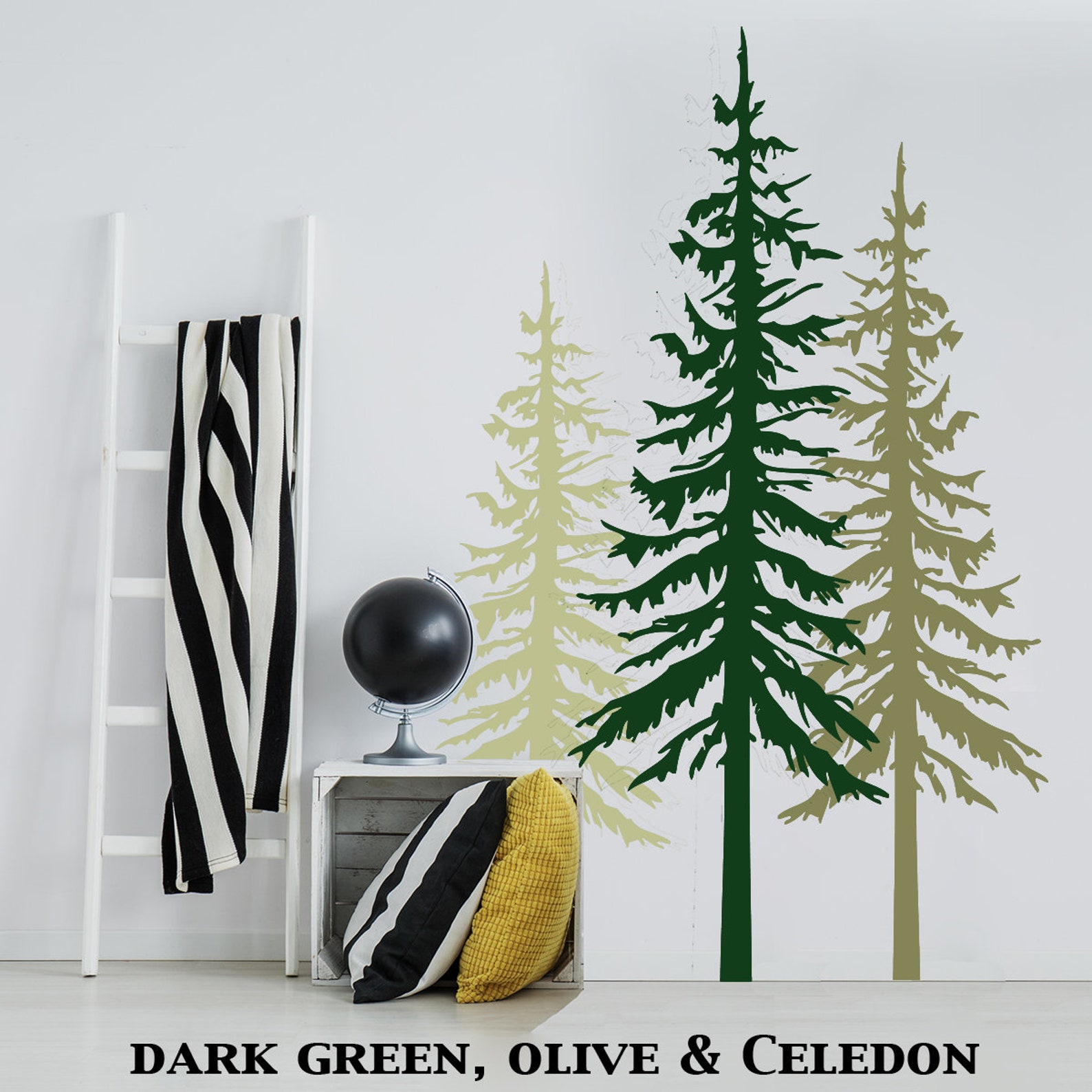 Pine Tree Wall Decals 3 Colors Large Set of Three Forest Scene Mural ...