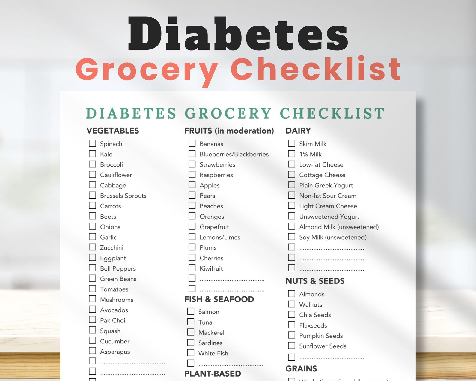Diabetes Grocery Checklist: Diabetic & Prediabetic Food List (printable ...