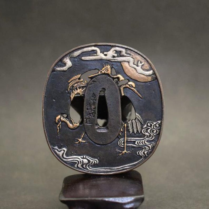 TSUBA Japanese Antique Katana Samurai / Crane and Moonlight KU142 - Etsy