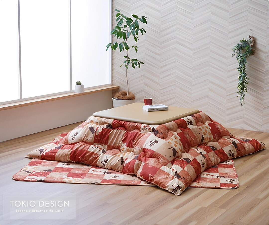 Kotatsu Futon & Mat Set Cat Pattern Red Premium Cotton Flannel Blanket ...