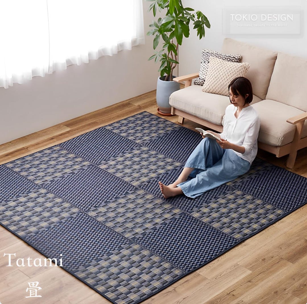 Tatami Mat "kihachi" Blue Checked Pattern 100% Rush Grass Non-slip Type ...