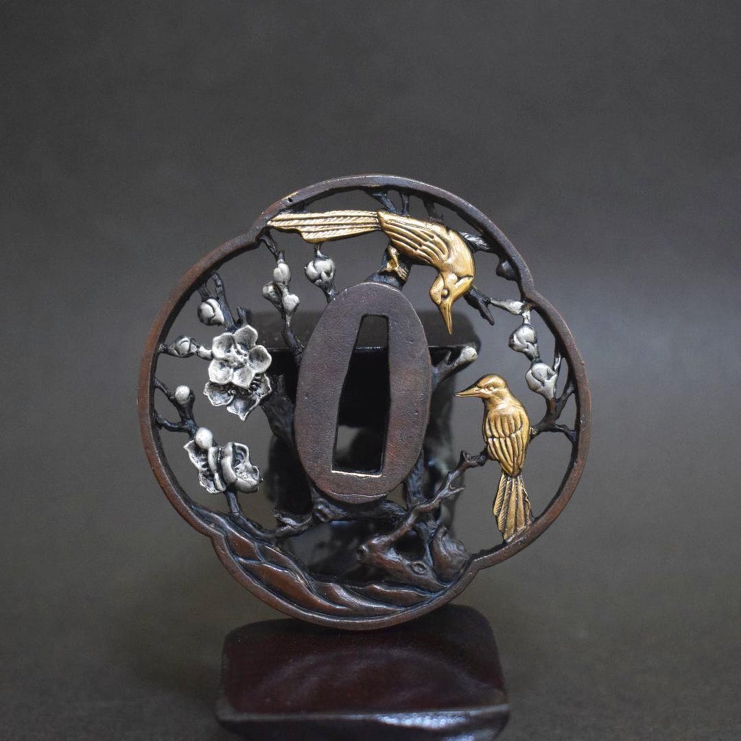 TSUBA Japanese Antique Katana Samurai / Birds and Cherry Blossoms KU149 ...