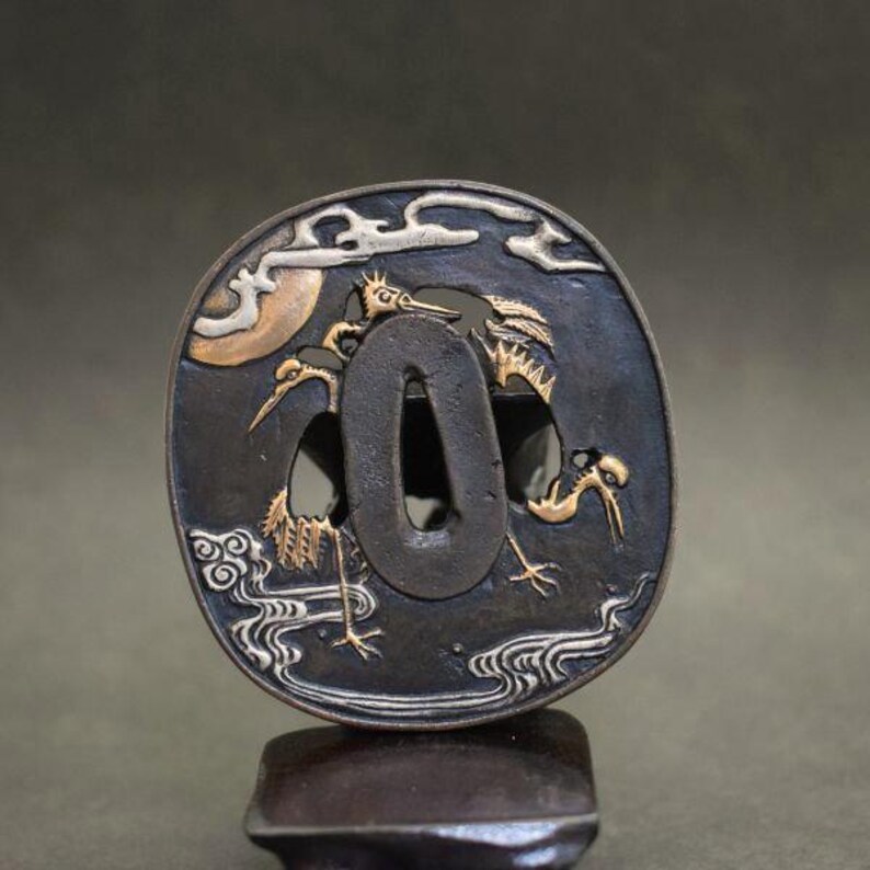 TSUBA Japanese Antique Katana Samurai / Crane and Moonlight KU142 - Etsy