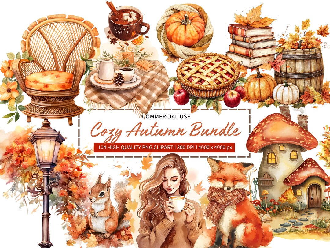 Watercolor Autumn Clipart Bundle Cozy Autumn Wreath PNG Cozy Planner ...