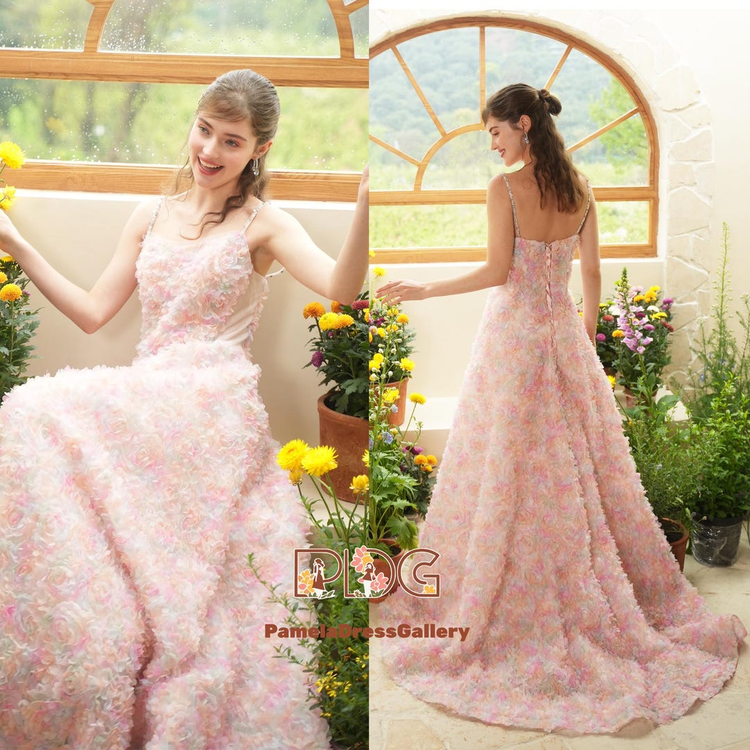Fairy Pink Prom Dress Blooming Flowers Evening Dress Fancy Tailing Ball ...