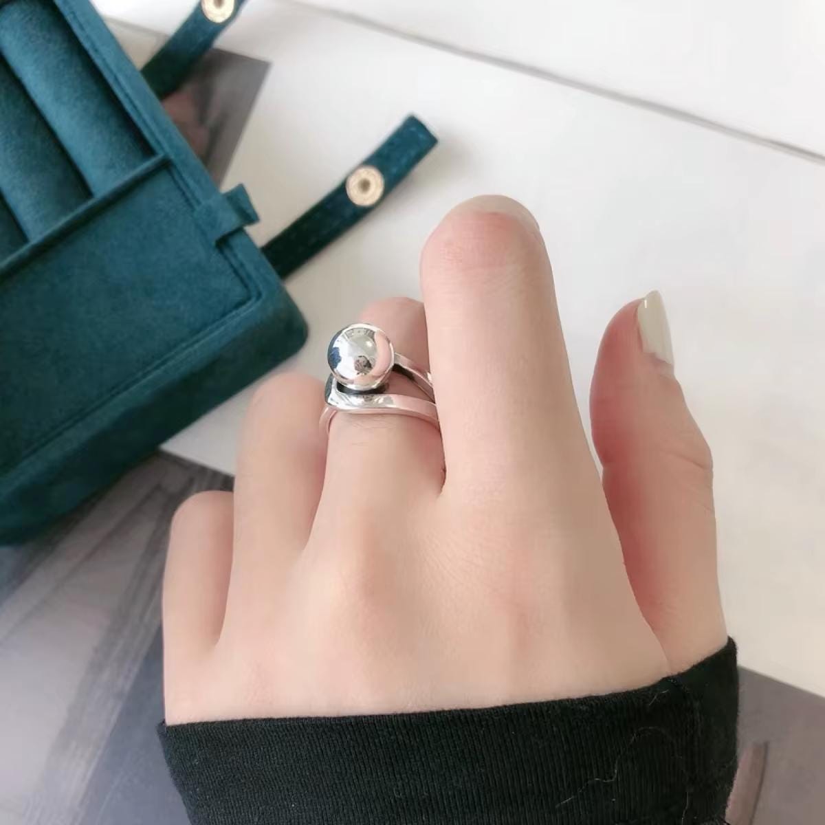 Sterling Silver Adjustable Big Ball Ring – Open Band Statement Ring UK ...