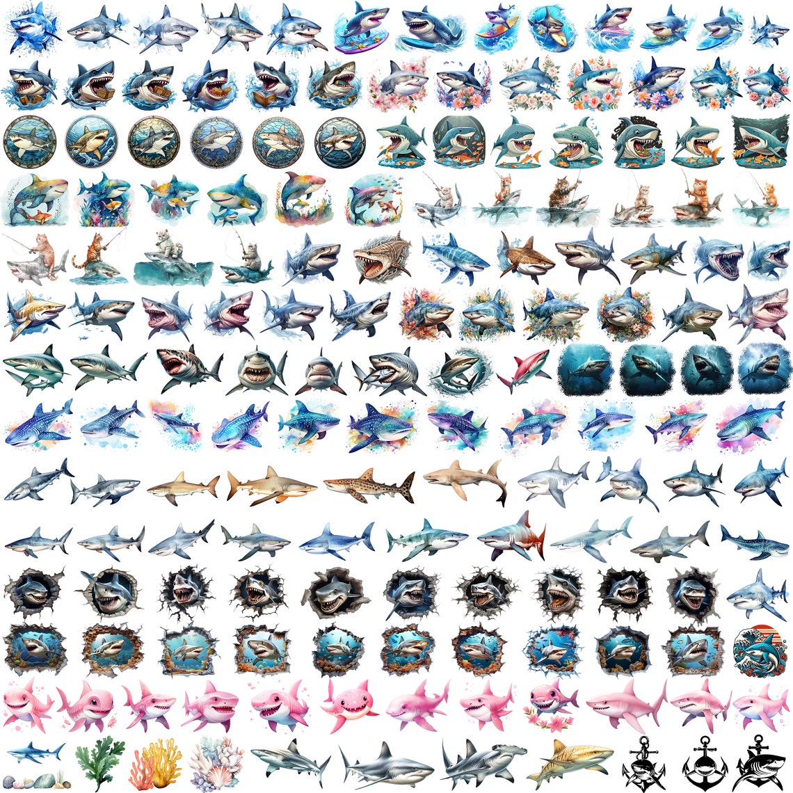 300+ Shark PNG Files Mega Bundle Designs Watercolor Shark Clipart ...