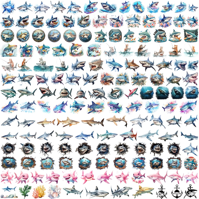 300+ Shark PNG Files Mega Bundle Designs Watercolor Shark Clipart ...