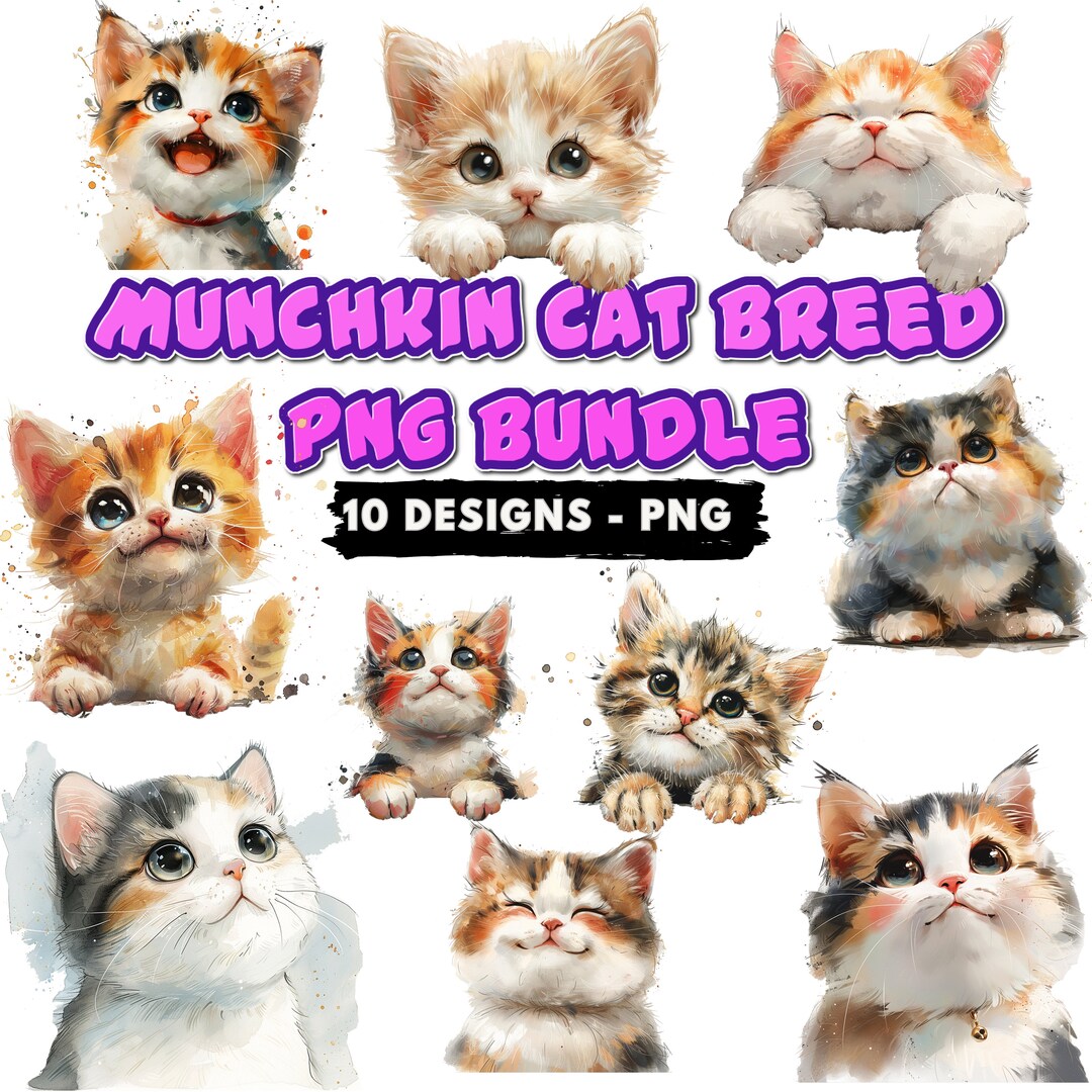 10 Munchkin Cat Breed PNG Files Bundle Watercolor Peeking Cartoon Cat ...