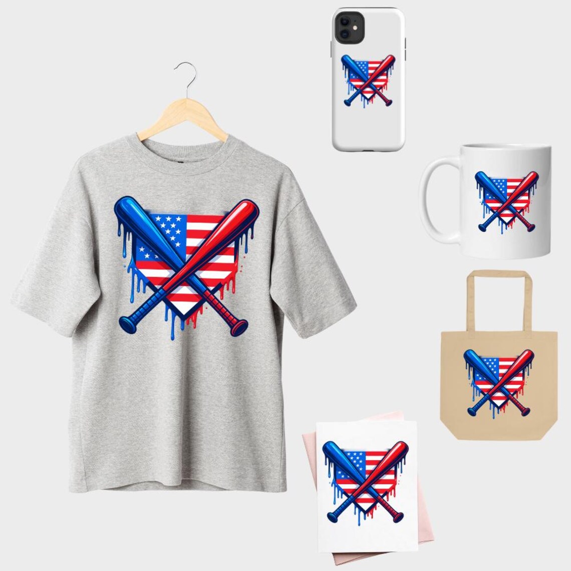 American Baseball Drip PNG | Crossed Bats & Flag Sublimation | Red ...
