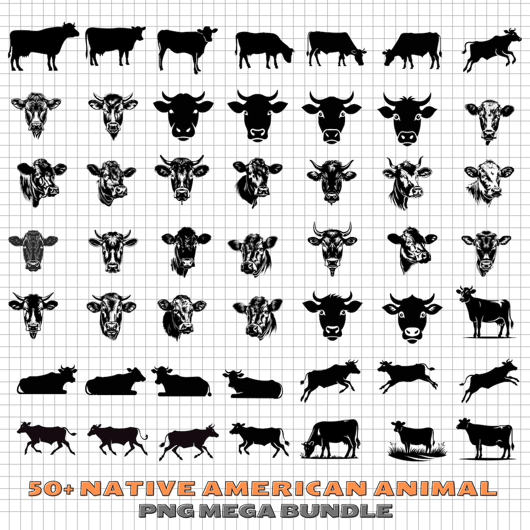 50+ Native American Animal Silhouette PNG Bundle, Tribal Cows ...