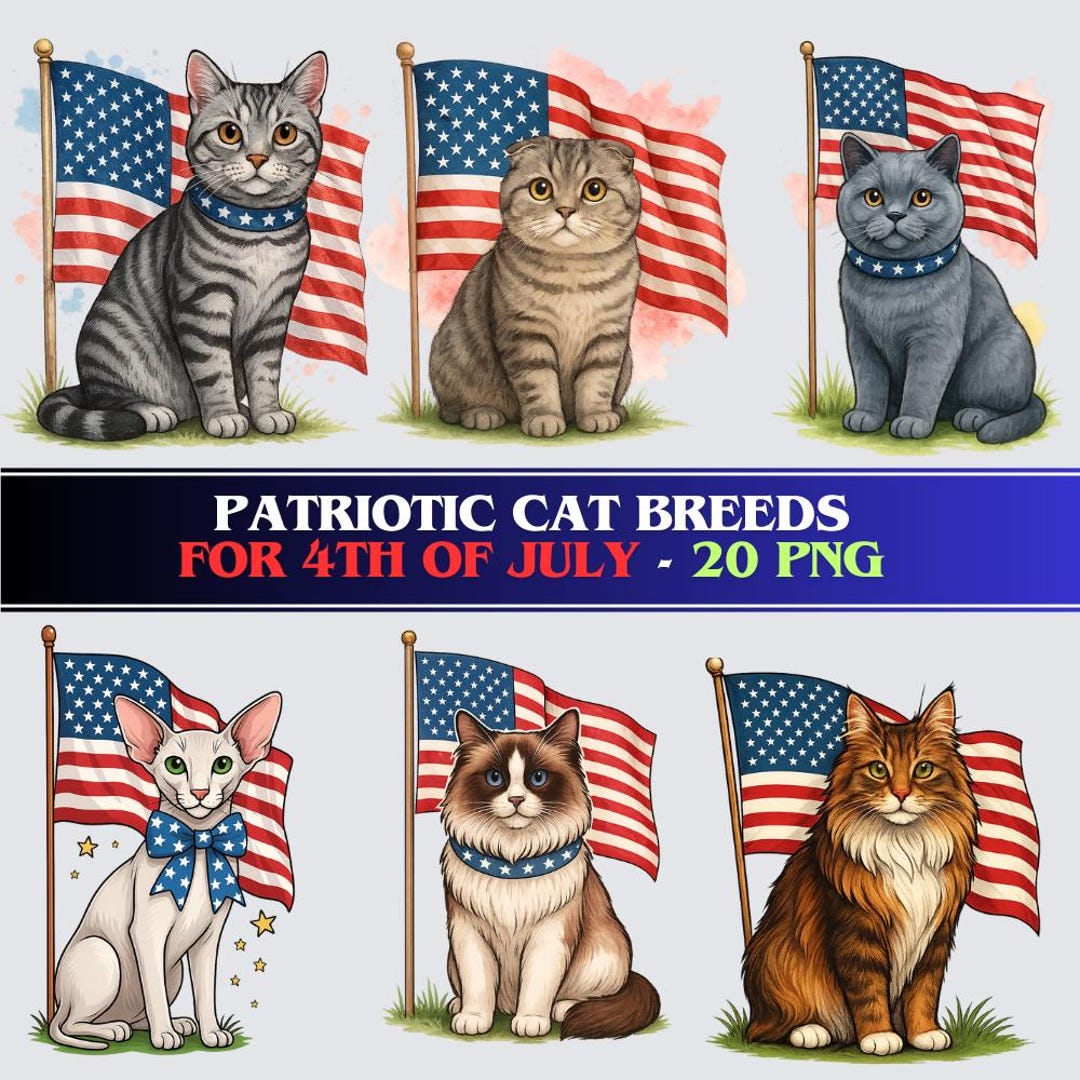 Patriotic Cat Breeds PNG Bundle – 4th of July USA Flag Cats Clipart ...