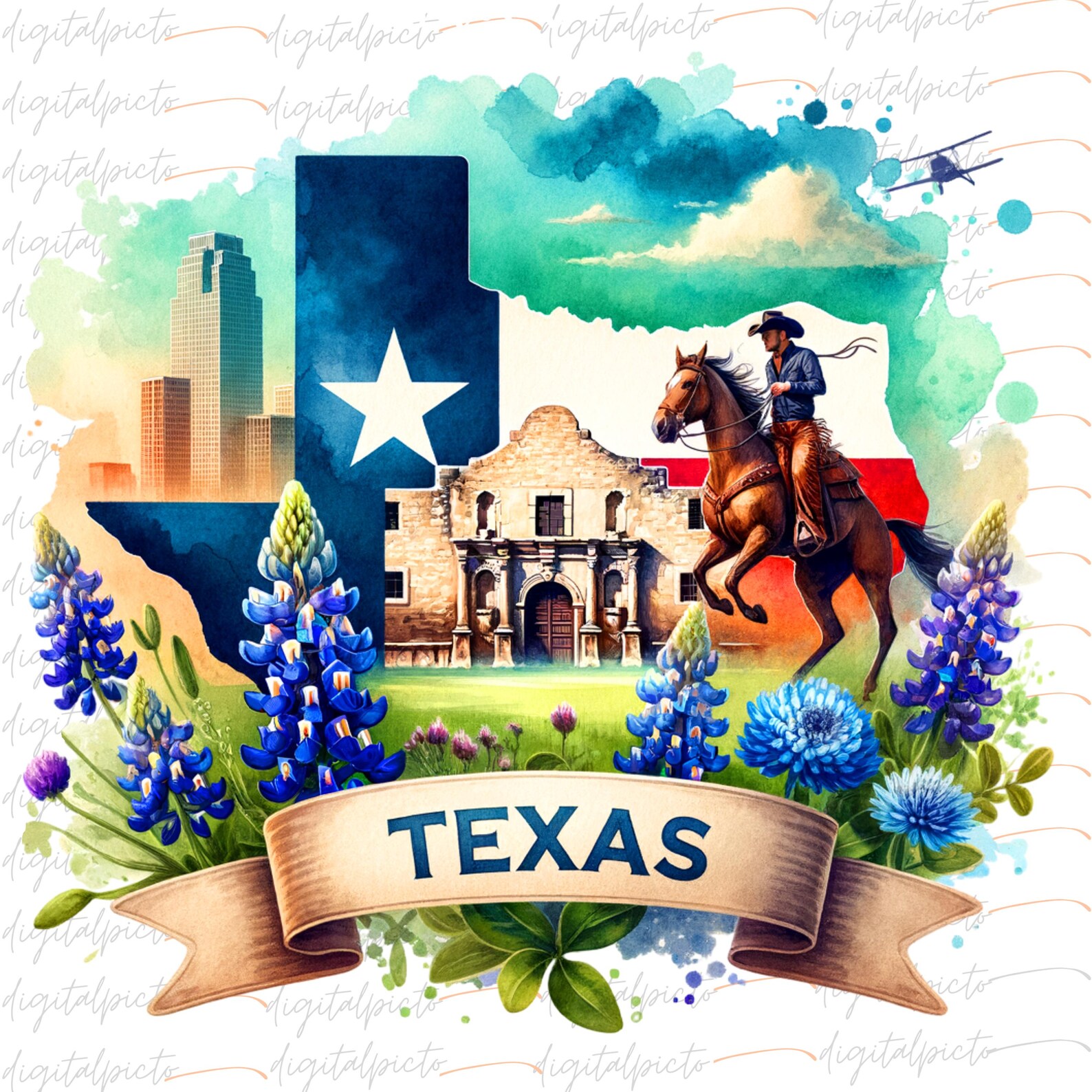 Texas Lone Star Landscape PNG - Cowboy and Alamo Sublimation Art - Etsy