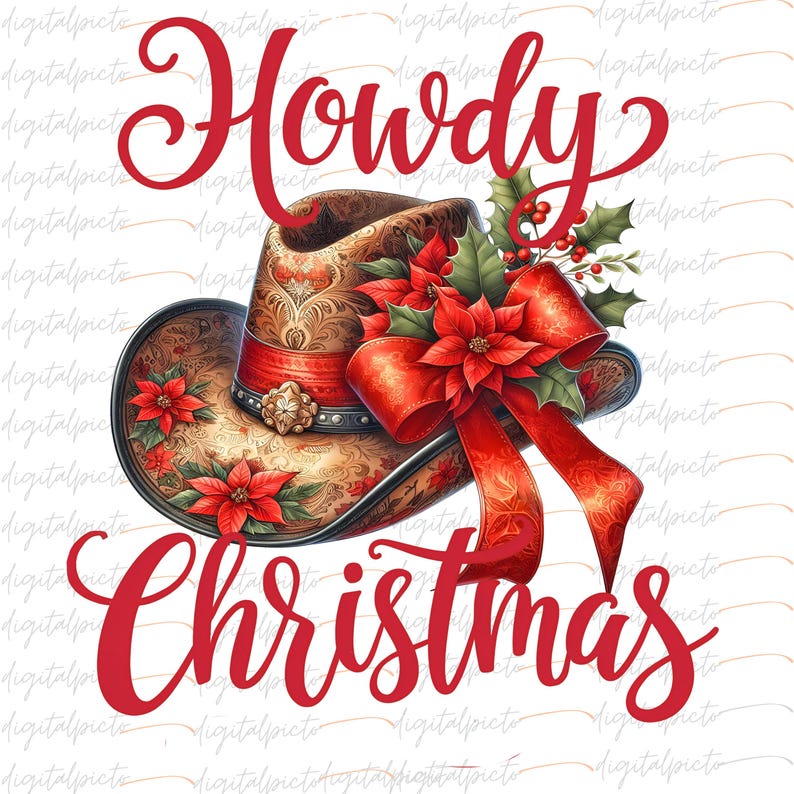 Howdy Christmas PNG, Festive Cowboy Hat Sublimation Clipart, Western ...
