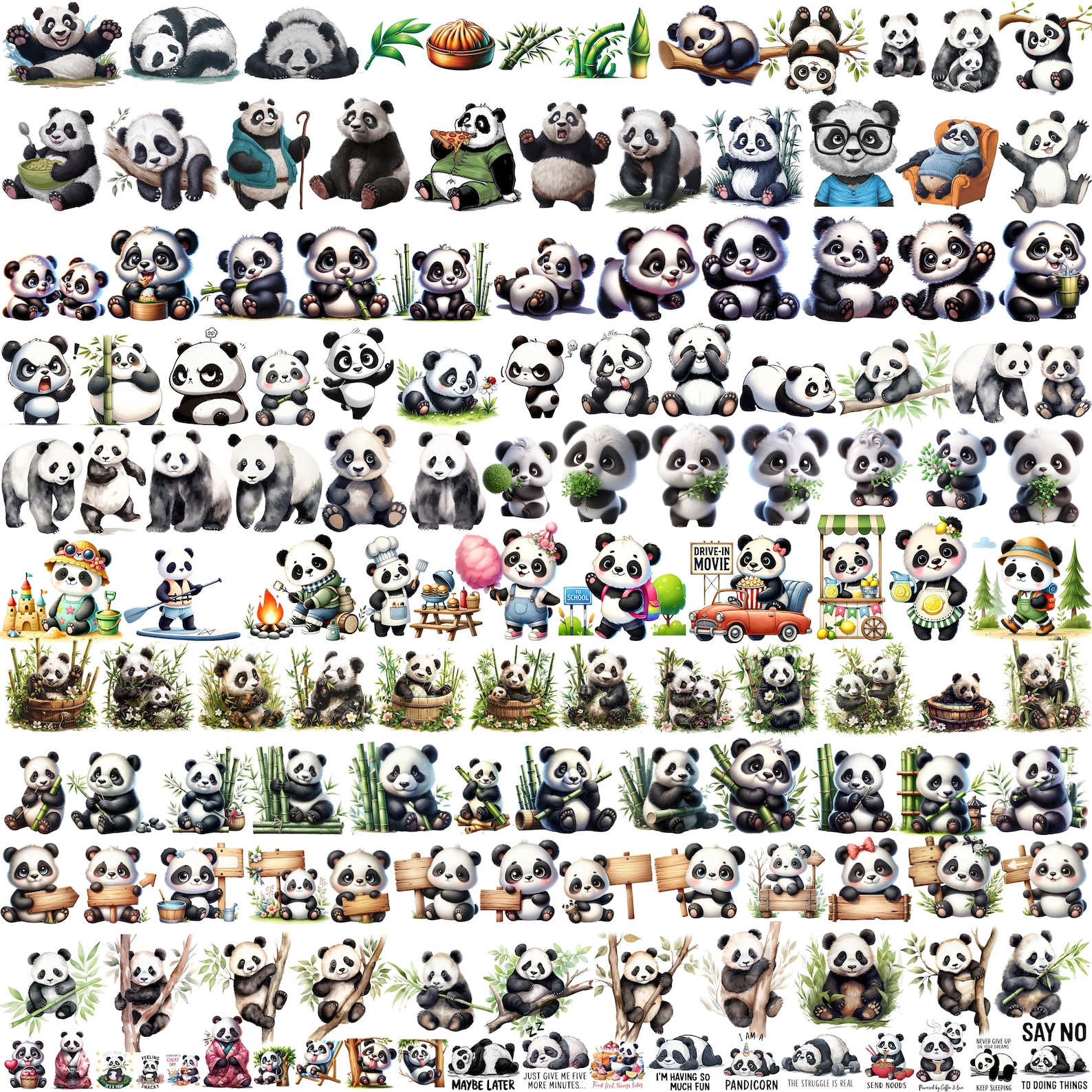 300+ Cute Panda Designs PNG Bundle Watercolor Clipart Adorable Cute ...